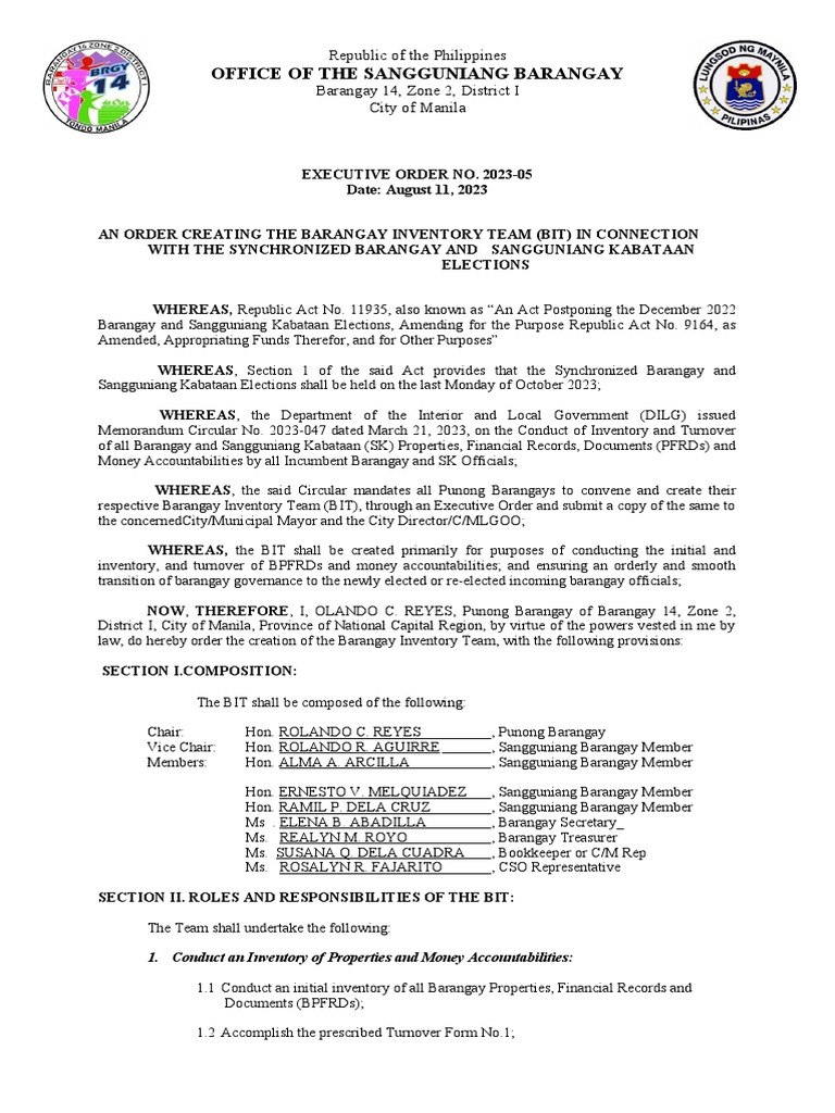 Executive Order For Barangay Inventory Team | PDF | Government | Justice
