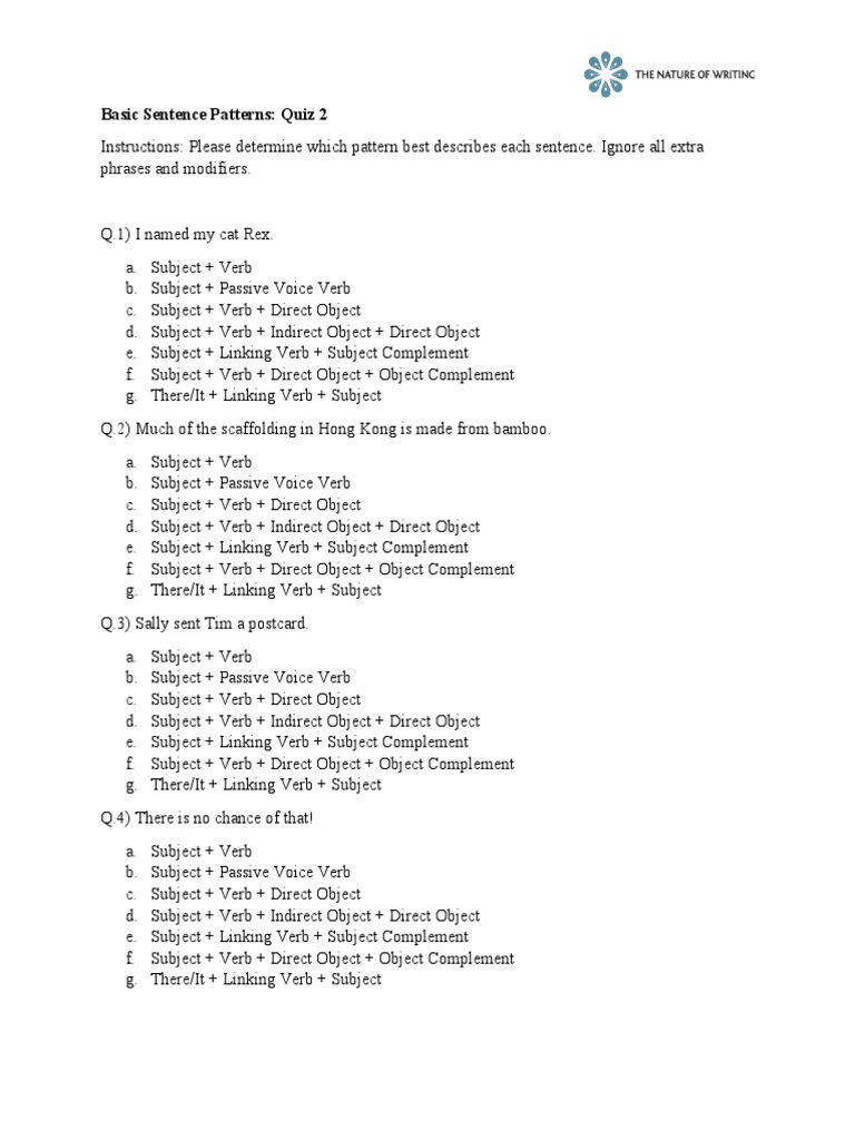 Types of Sentences Quiz 2 | PDF | Verb | Subject (Grammar)