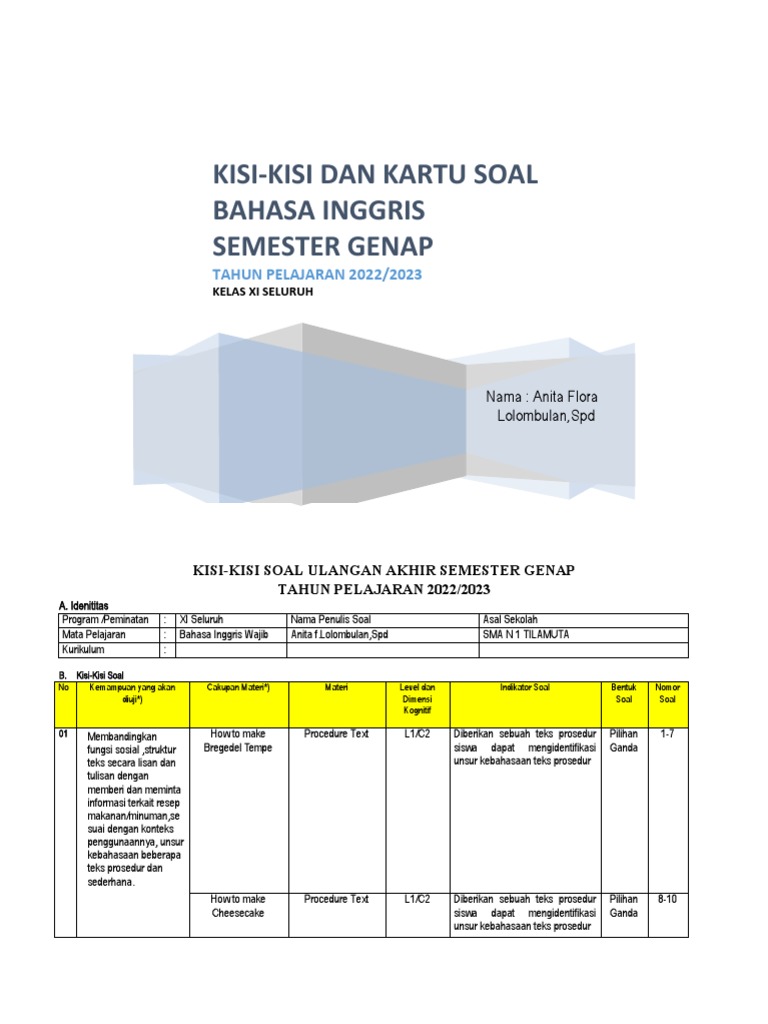 Kisi-Kisi Dan Kartu Soal Bah Inggris Xi | PDF