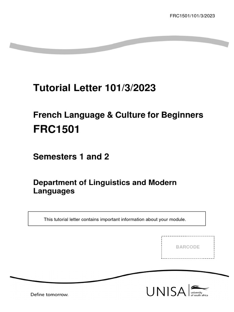 Tutorial Letter 101/3/2023: French Language & Culture For Beginners ...