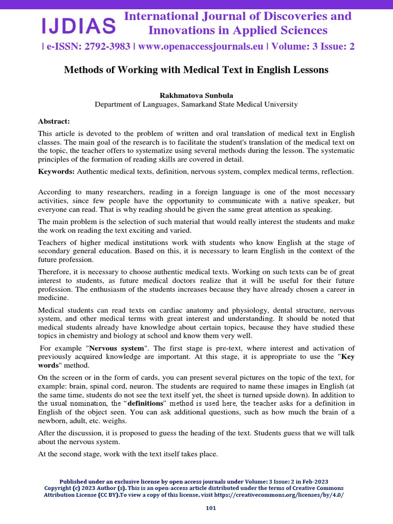 Methods of Working With Medical Text in English Lessons | Download Free ...