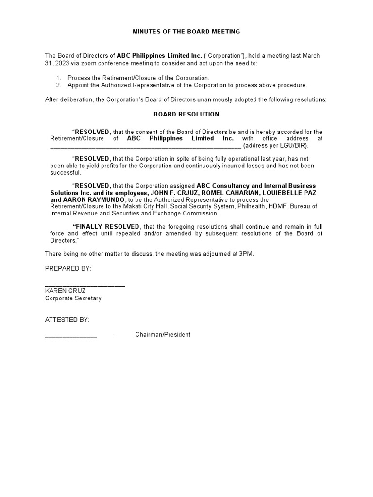 Board Meeting Minutes: Closure Resolution | PDF | Finance & Money ...