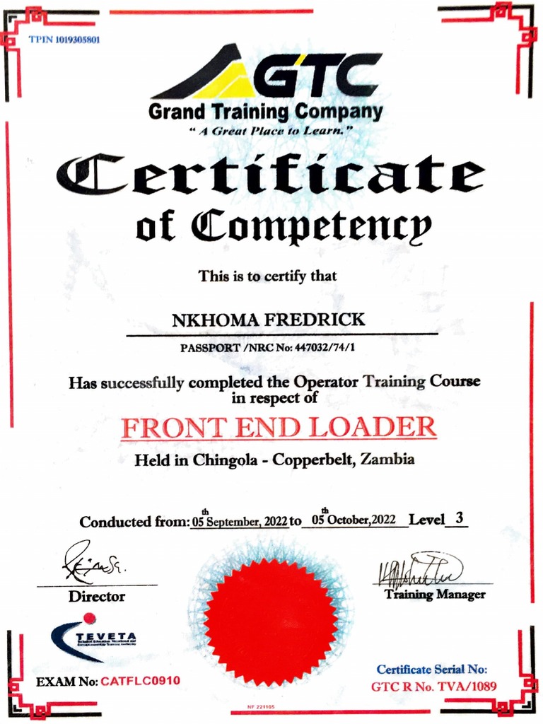 Front End Loader Operator Certificate | PDF