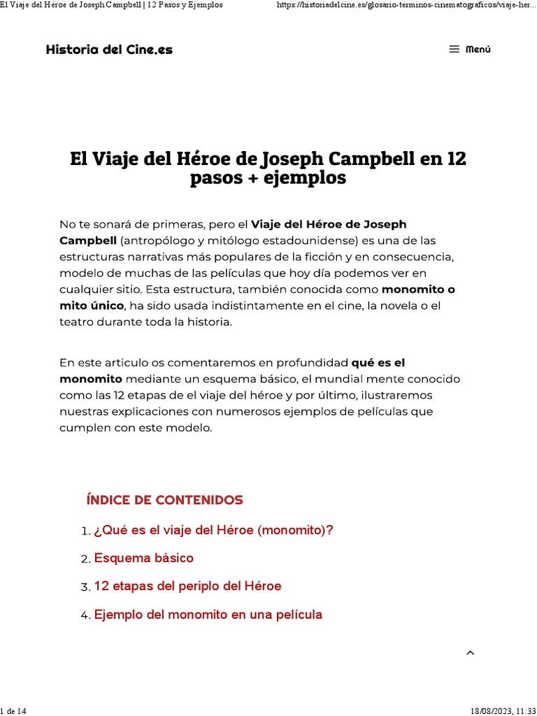 El Viaje Del Héroe de Joseph Campbell 12 Pasos y Ejemplos | PDF