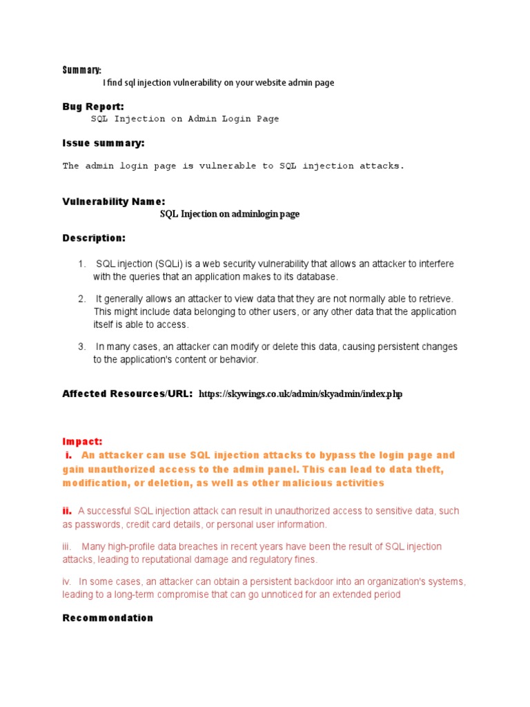 SQL Injection On Adminlogin Page: Impact: I | PDF | Information Technology Management ...