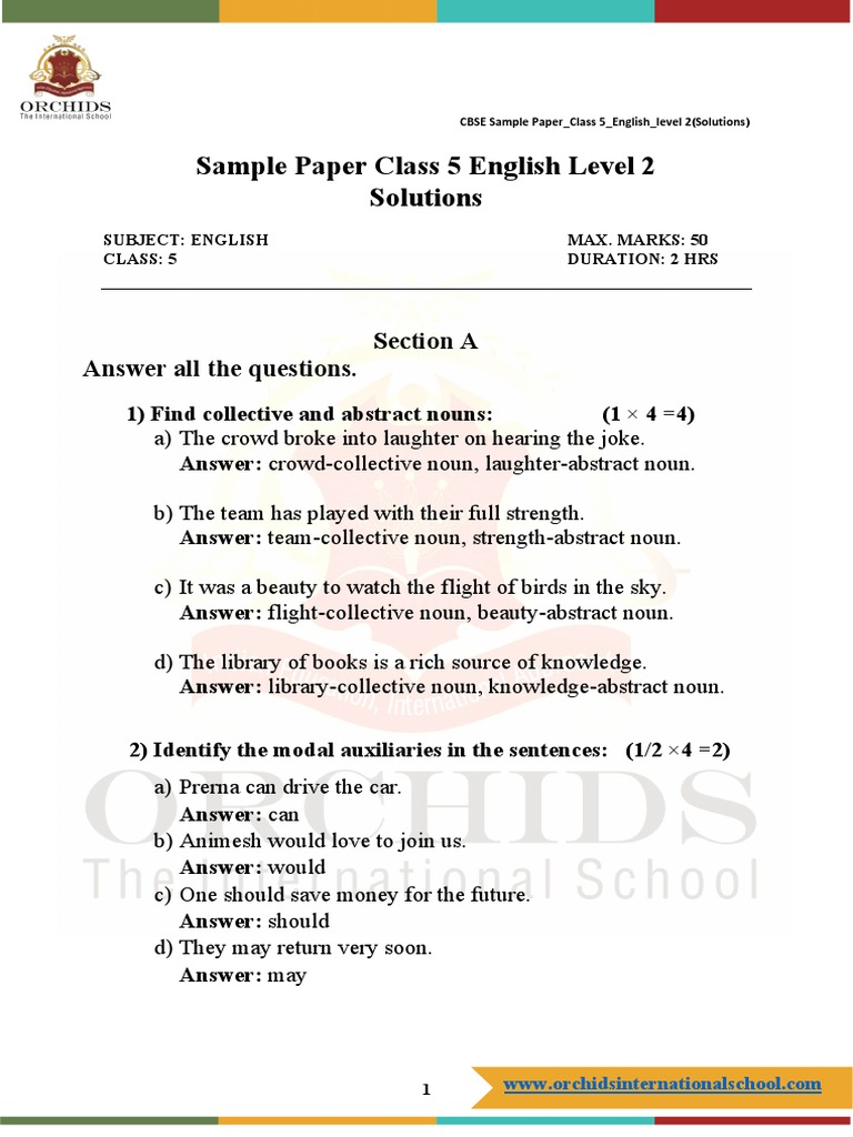 Solution Sample Paper Class 5 English Level 2 | PDF