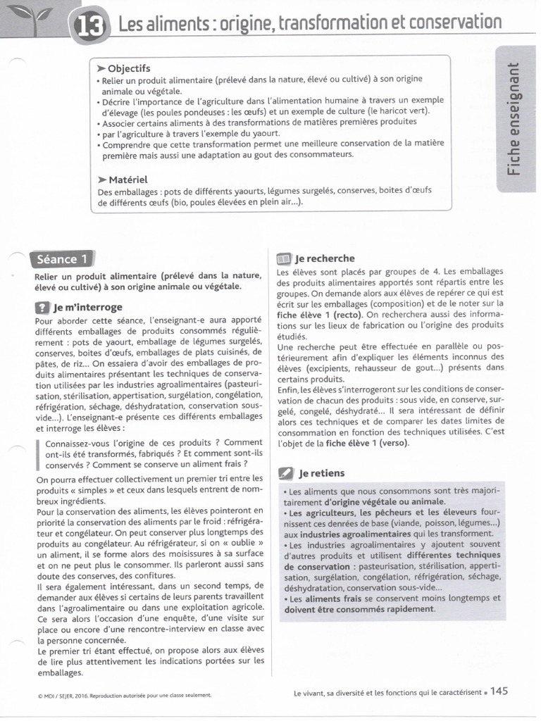 MDI Sciences (Cycle 3) 13 - Les Aliments - Origine, Transformation, Conservation | PDF
