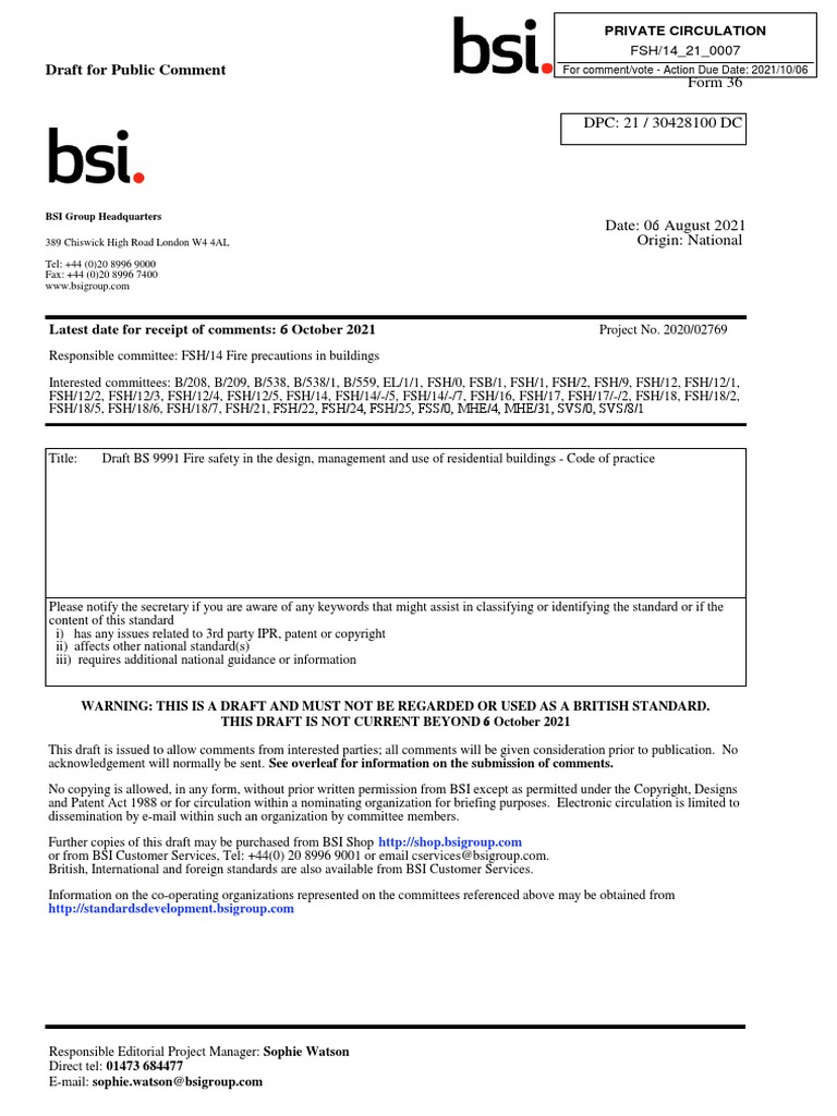 FSH - 14 - 21 - 0007 Draft Bs 9991 Fire Safety in The Design Management and Use of Residential ...