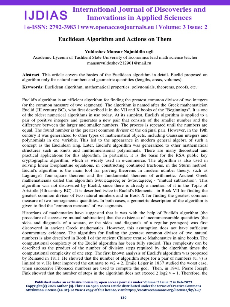 Euclidean Algorithm And Actions On Them Pdf 1588