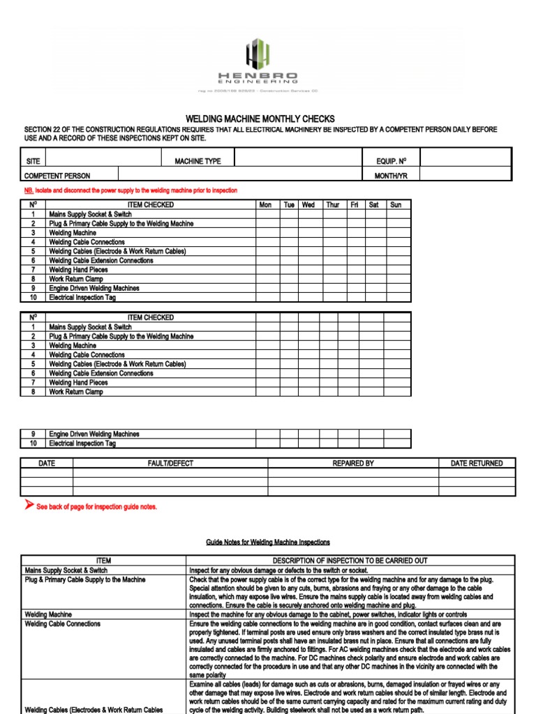 16 INS-SHE-006 Welding Machine Day Checklist | PDF