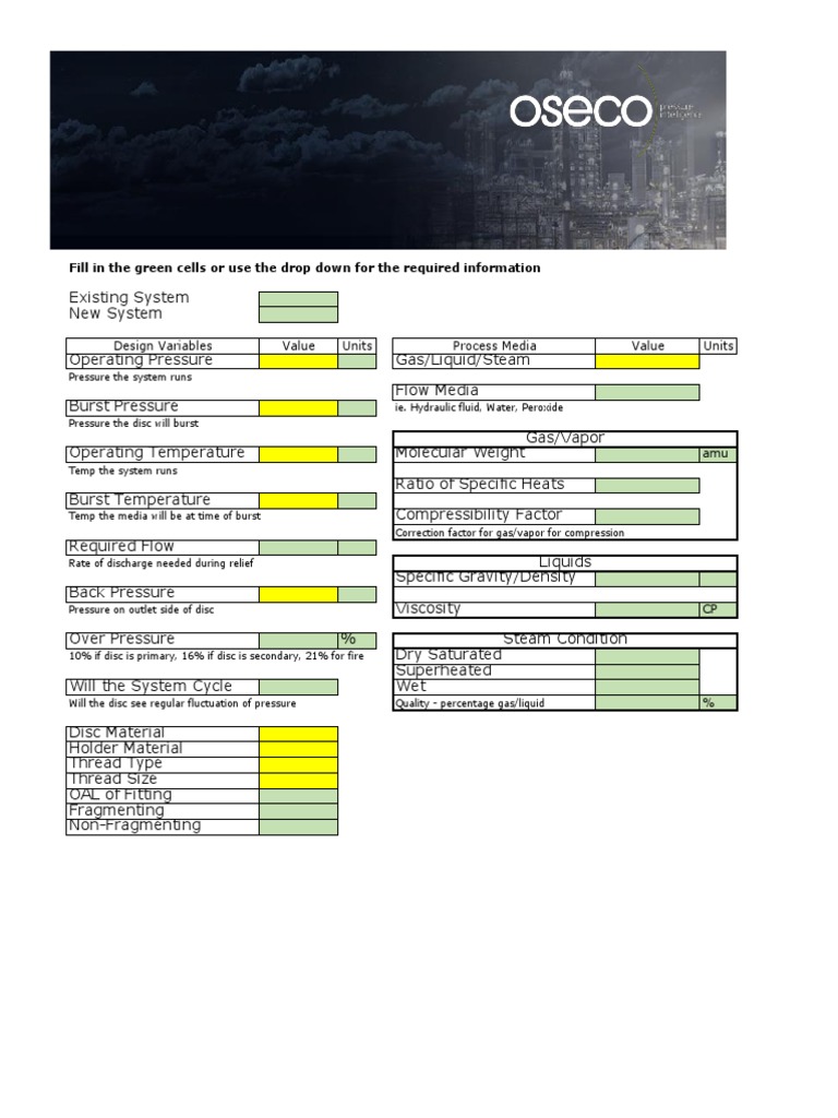 Rupture Disc Sizing Information Sheet | PDF | Technology & Engineering