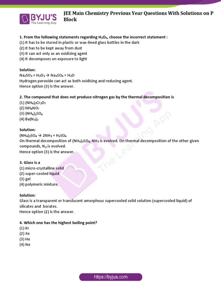 JEE Main Chemistry Previous Year Questions With Solutions On P Block ...