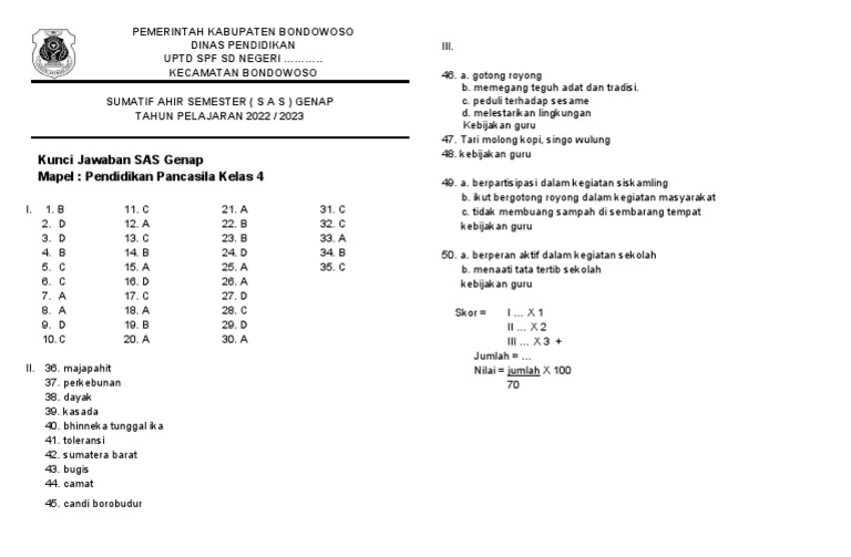 Kunci Jawaban Sas Genap Kelas Iv Pend. Pancasila 2022-2023 | PDF