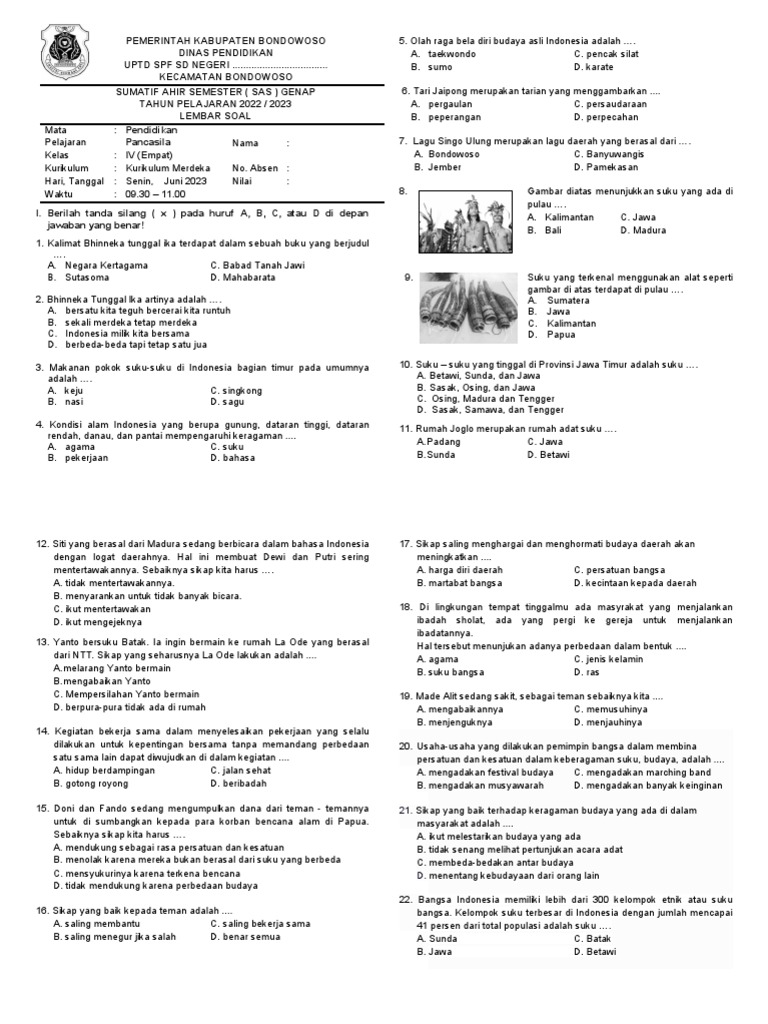 Soal Sas Genap Kelas IV Pend. Pancasila 2022-2023 | PDF