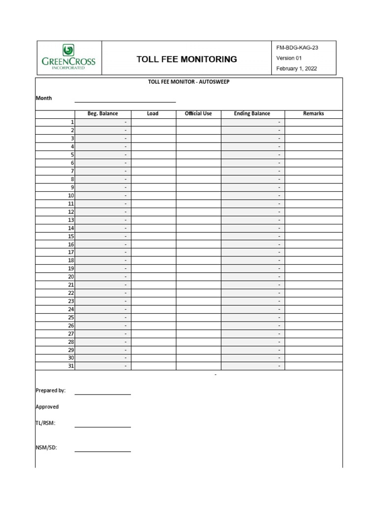 FM-BDG-KAG-23 Rev 1 Toll Fee Monitoring | PDF