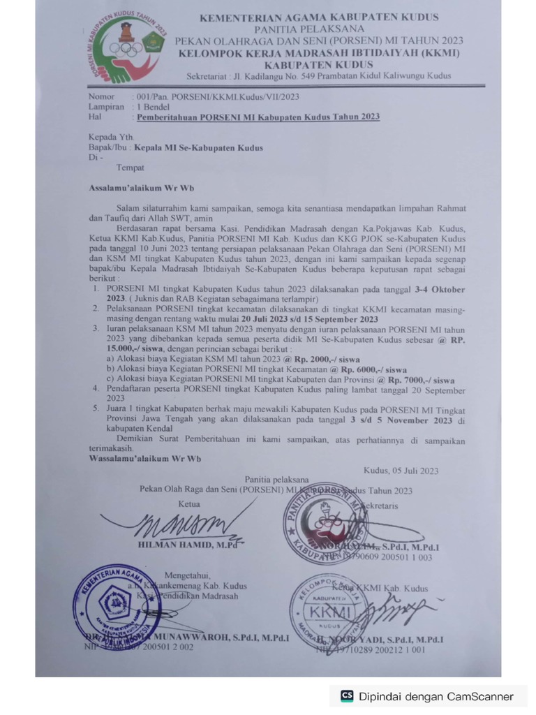 Surat Pemberitahuan Iuran Dan Juknis PORSENI MI 2023 | PDF
