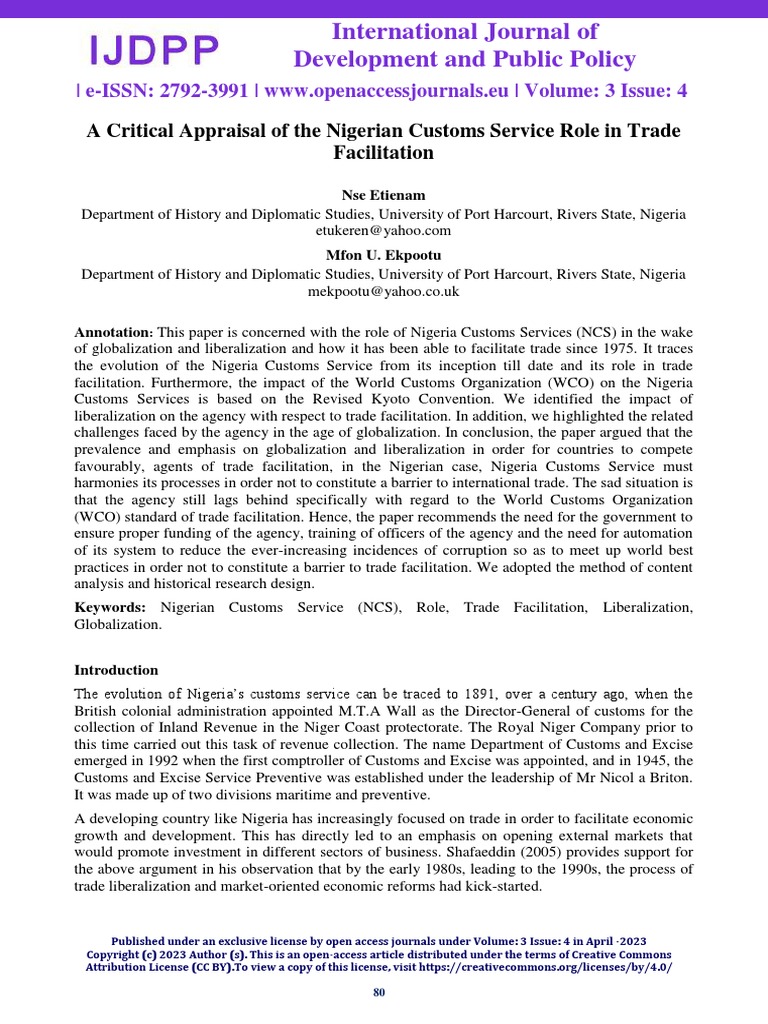 A Critical Appraisal of The Nigerian Customs Service Role in Trade Facilitation | PDF