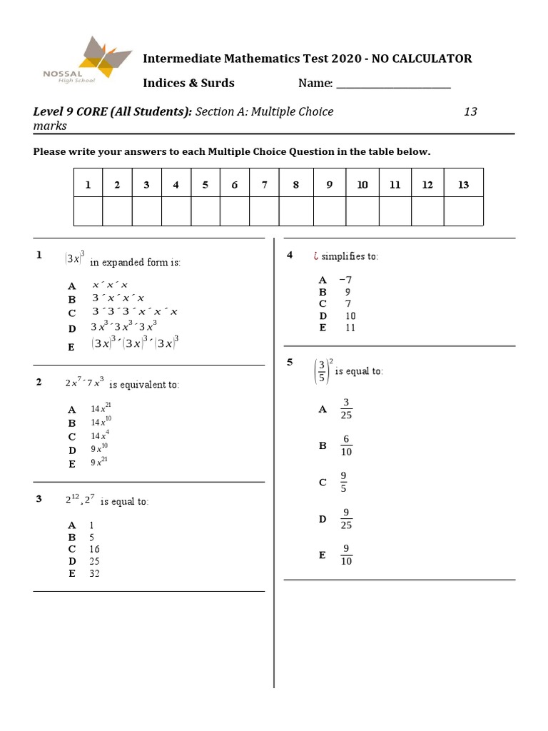 2020 Indices Surds Test PRINT | PDF