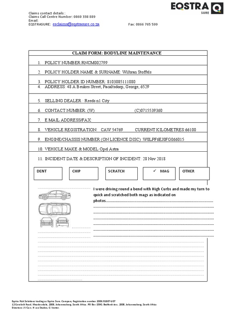 Eqstra Claim Form Bodyline Maintenance Claim 1 | PDF | Wheeled Vehicles ...