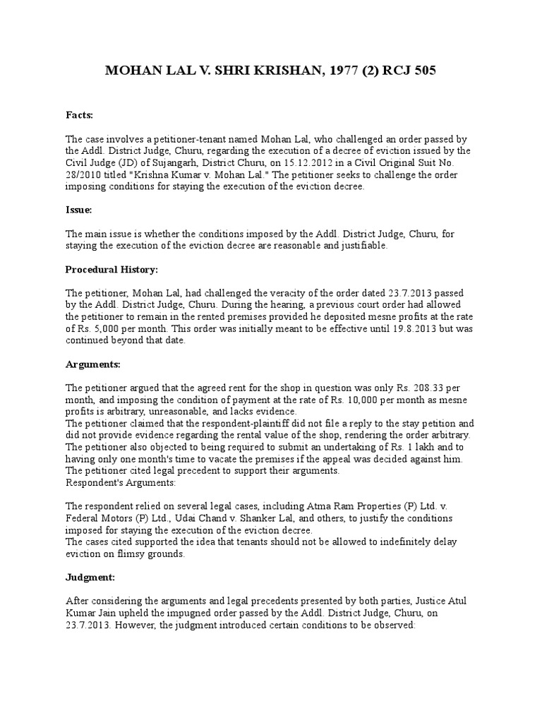 Mohan Lal v. Shri Krishan: Eviction Case | PDF