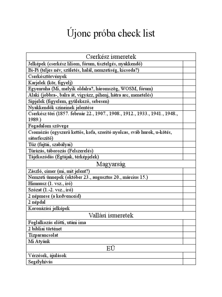 Újonc Próba Check List | PDF
