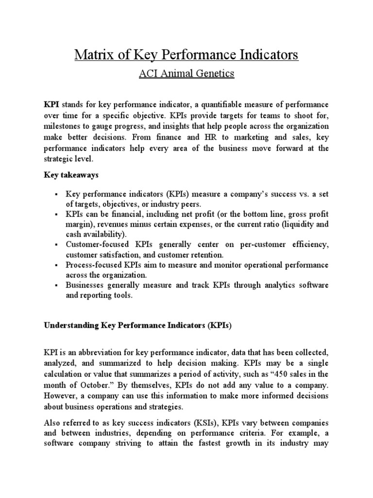 Matrix of Key Performance Indicators (KPI) | PDF