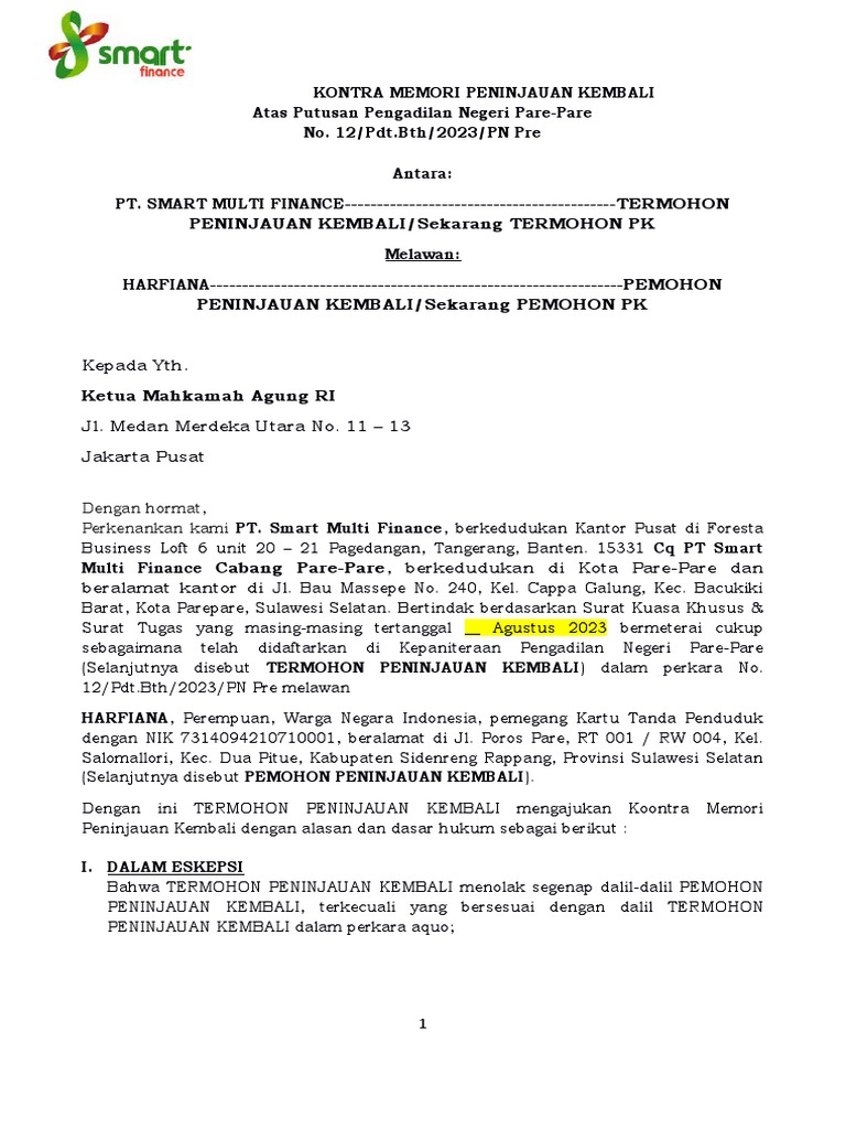 Kontra Memori PK PT Smart Multi Finance | PDF
