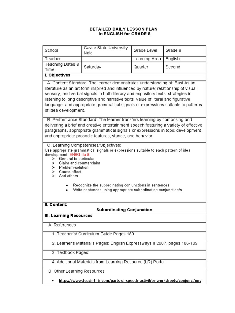 Grade 8 English Lesson on Conjunctions | PDF | Syntax | Human Communication