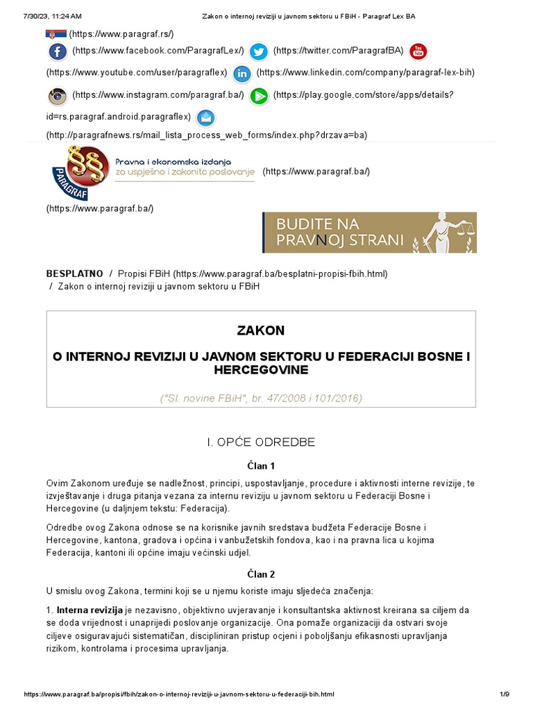 Zakon o Internoj Reviziji U Javnom Sektoru U FBiH - Prečišćeni Tekst | PDF