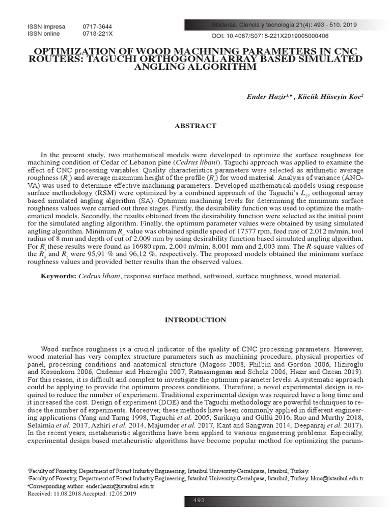 Optimization Of Wood Machining Parameters In Cnc Routers Taguchi