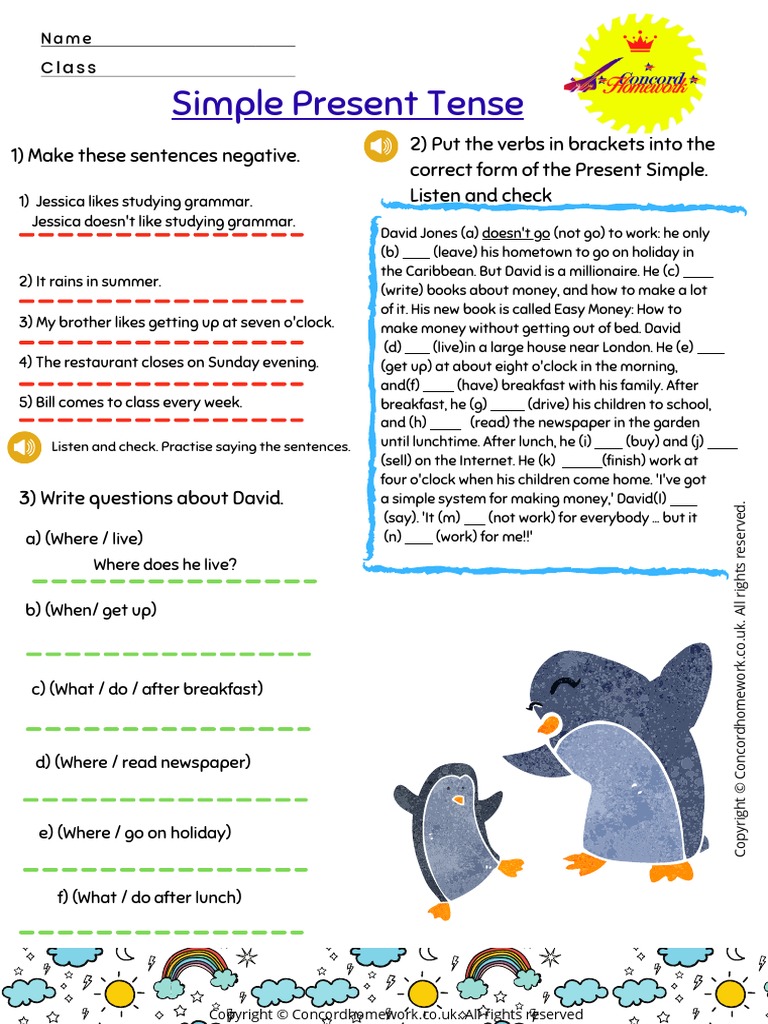 Simple Present Tense Reading Writing and Listening English Worksheet ...