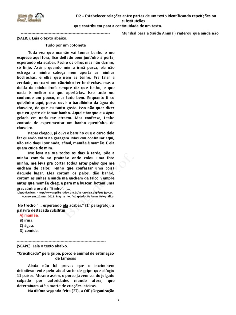 D2 (5º Ano - L.P - BLOG Do Prof. Warles) | PDF | Microscópio | Portugal