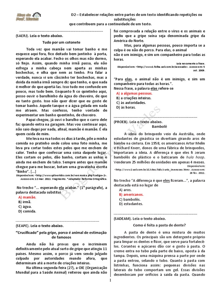 D2 (5º Ano - L.P - BLOG Do Prof. Warles) | PDF | Microscópio | Portugal