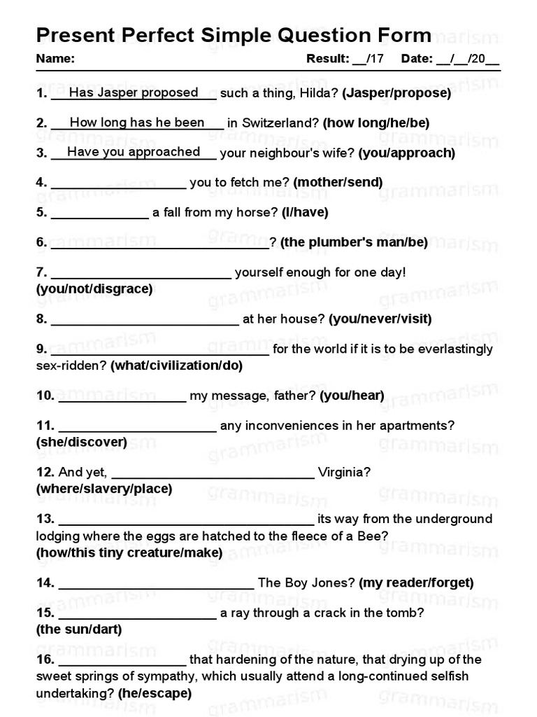 Grammarism Present Perfect Question Test 1 1768570 | PDF
