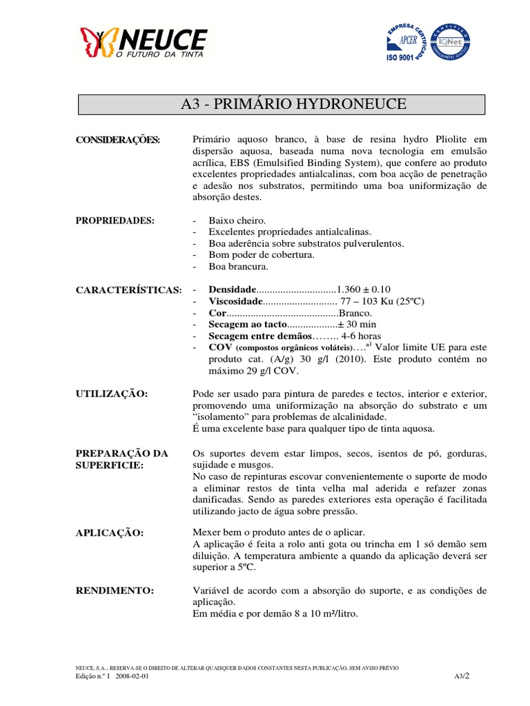 Ficha Tec. A 3 PRIMÁRIO HYDRONEUCE | PDF | Tinta | Ciências Físicas