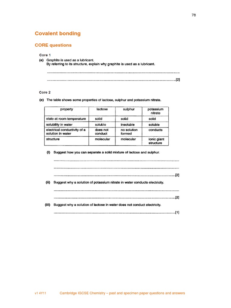 IGCSE Chemistry Covalent Bonding Q&A | PDF | Chemistry | Ionic Bonding