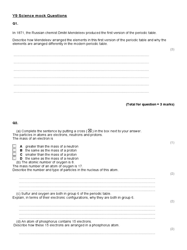 Y9 Science Mock Questions | PDF
