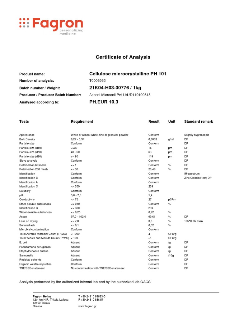 Coa 21-00-010 Cellulose+microcrystalline+ph+101+1+kg 21K04-H03-00776 (En) | PDF