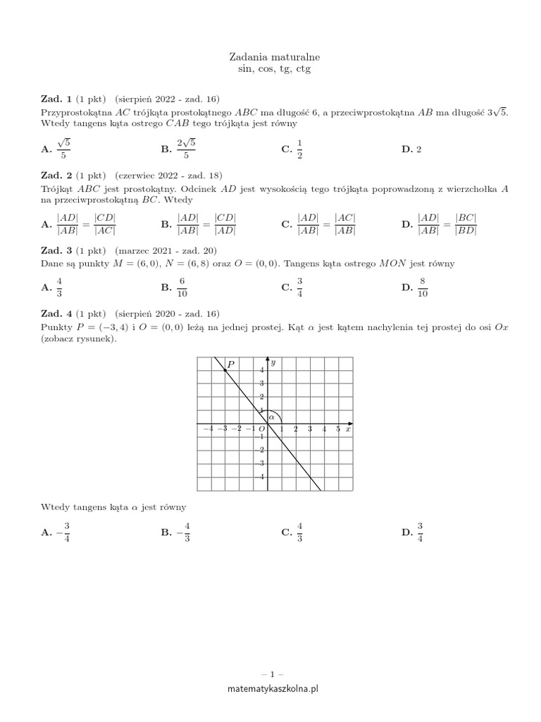 Zadania Maturalne Sin, Cos, TG, CTG: Zad. 1 (1 PKT) (Sierpień 2022 - Zad. 16) | PDF