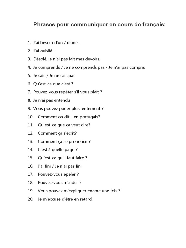 Phrases Pour Communiquer en Cours de Français | PDF