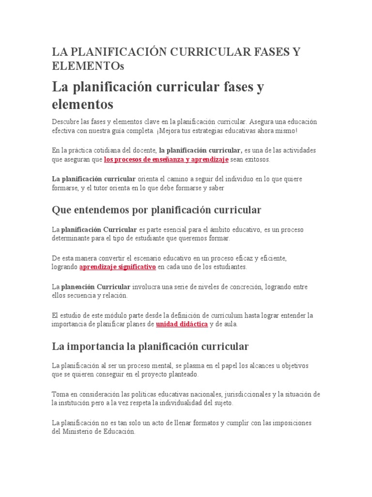 La Planificación Curricular Fases y Elementos | PDF | Plan de estudios | Evaluación