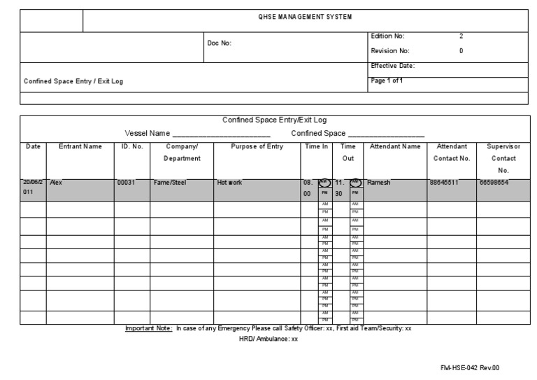 Confined Space Entry - Exit Log | PDF