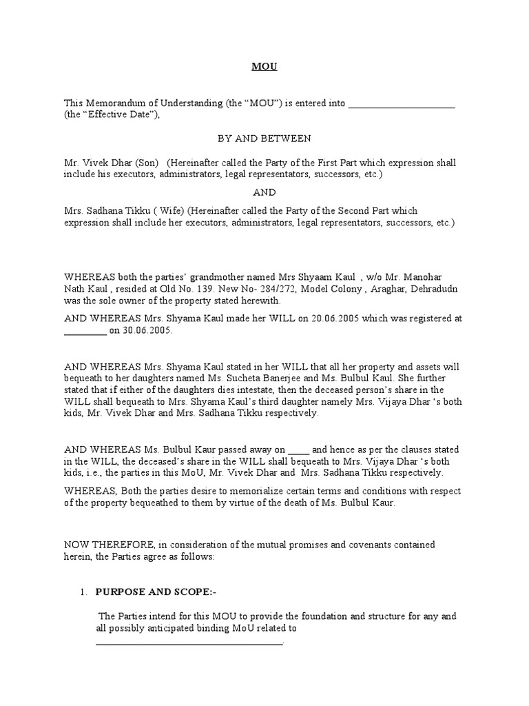 Property Inheritance MOU Agreement | PDF