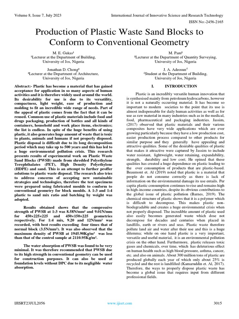 Production of Plastic Waste Sand Blocks To Conform To Conventional ...