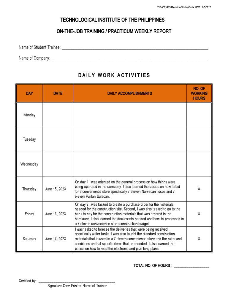 Practicum Weekly Report | PDF | Building Engineering
