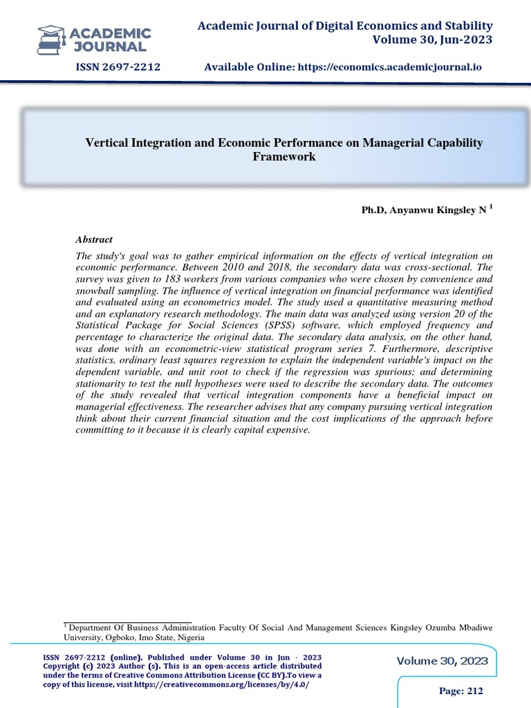 Vertical Integration and Economic Performance On Managerial Capability ...