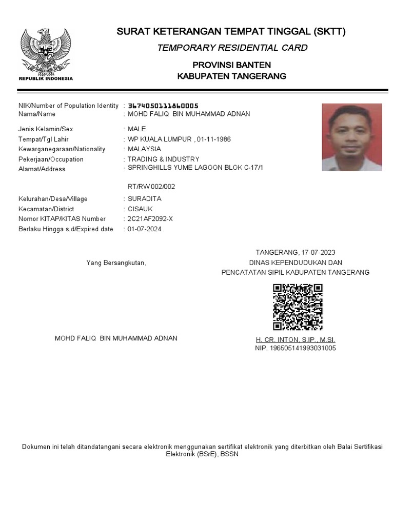 Surat Keterangan Tempat Tinggal (SKTT) : Temporary Residential Card | PDF