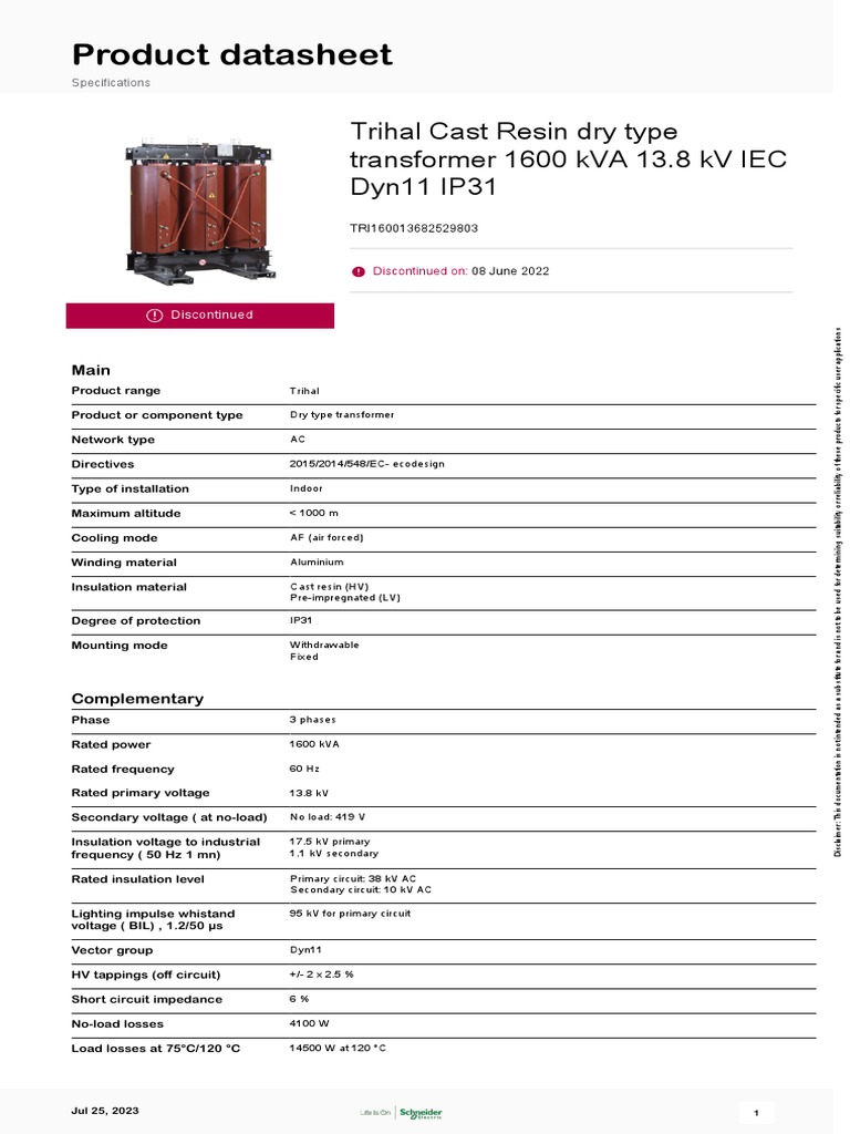 Trihal 1600 kVA Transformer Specs | PDF