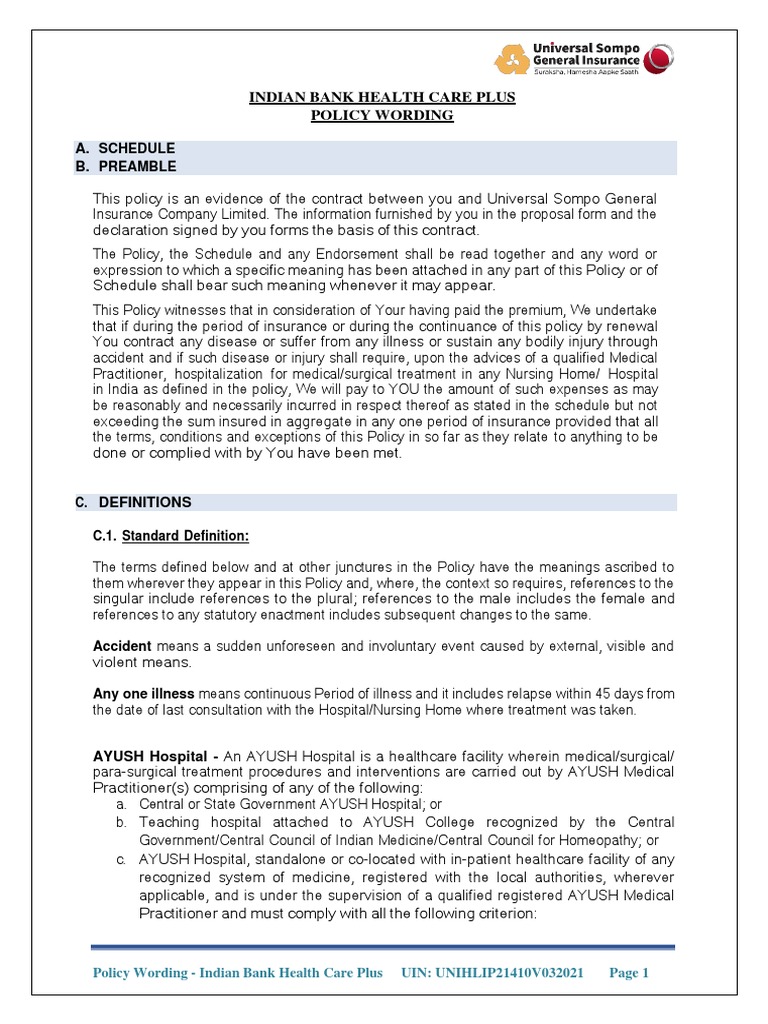 Indianbank Policy Wordings | PDF | Insurance | Hospital