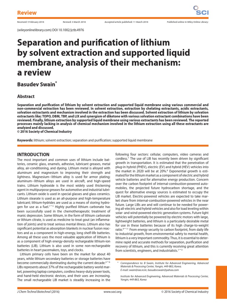Separation and Purification of Lithium by Solvent Extraction and ...